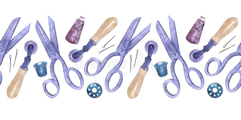 Watercolor Border with Sewing Accessories and Attributes. Parts and ...