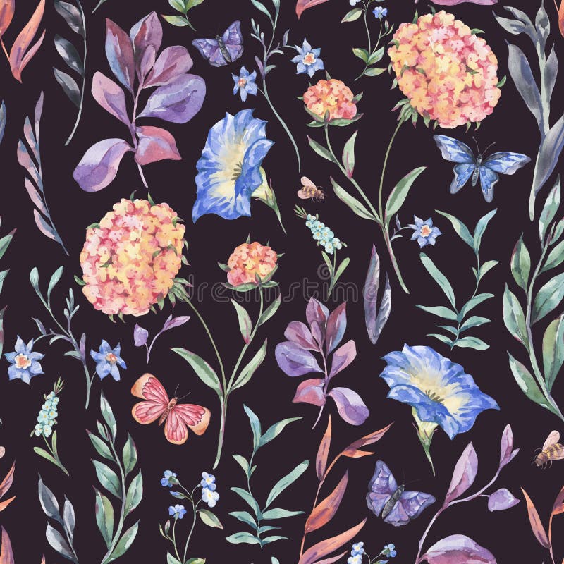 Watercolor Botanical Wildflowers Seamless Pattern, Natural Texture on ...