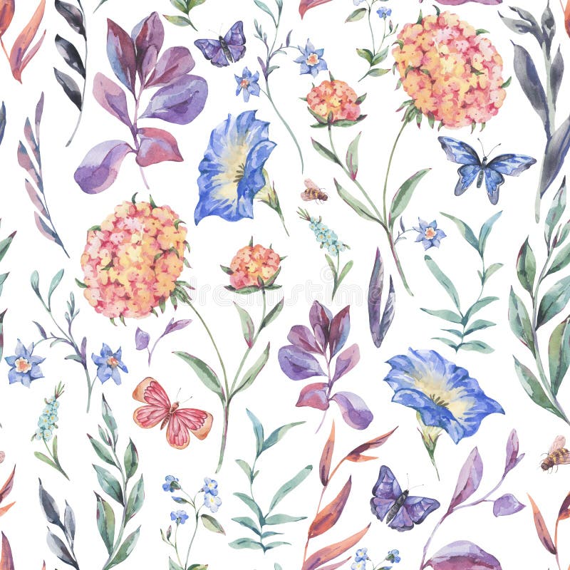 Watercolor Botanical Wildflowers Seamless Pattern, Natural Floral ...