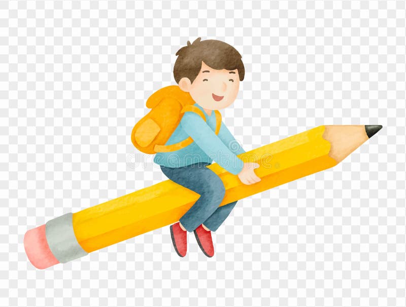 Watercolor Boy Riding a Pencil in Creative School Style. Vector Stock ...