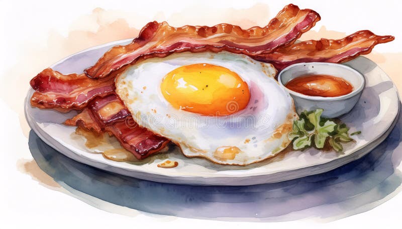 Watercolor of a Breakfast Plate with Egg and Bacon. Generative AI Stock ...