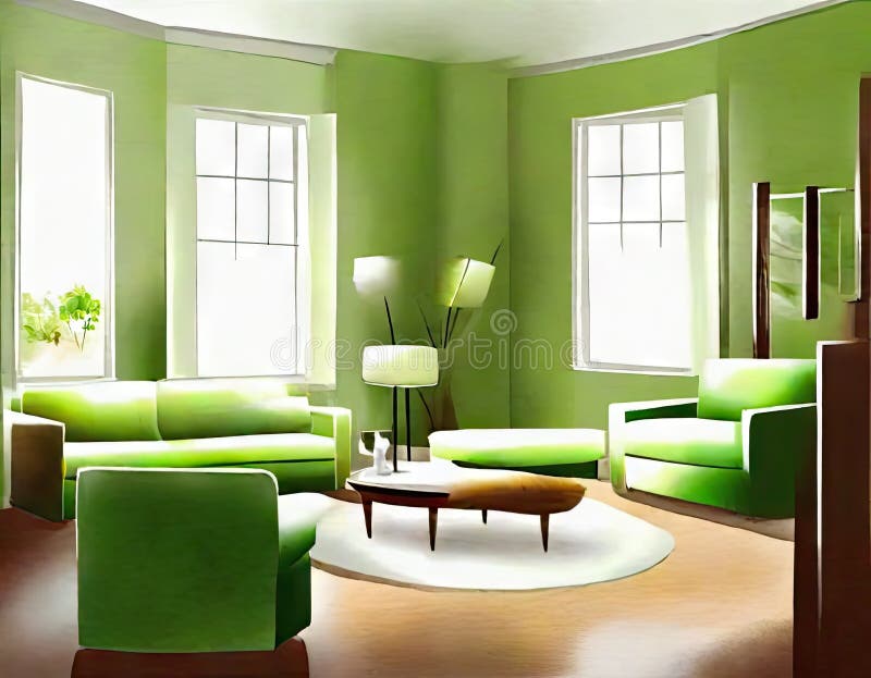 Watercolor of Bright and Airy Green Living Room AI Stock Illustration ...