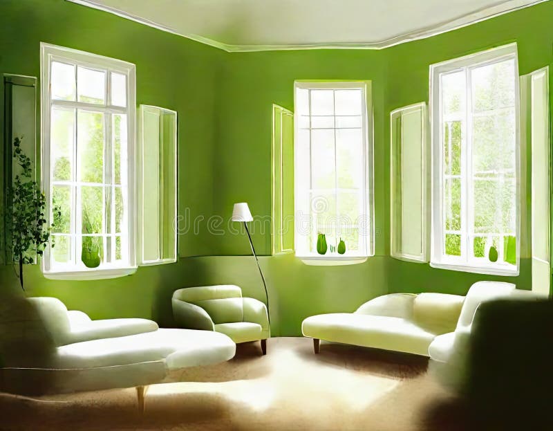 Watercolor of Bright and Airy Green Living Room AI Stock Illustration ...