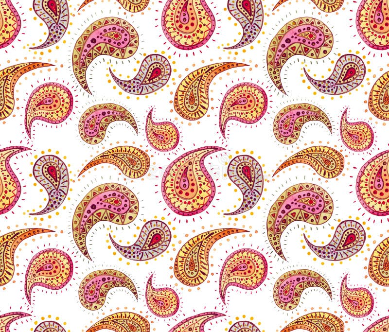 Watercolor Bright Red Paisley and Little Dots Repeat Pattern Stock ...