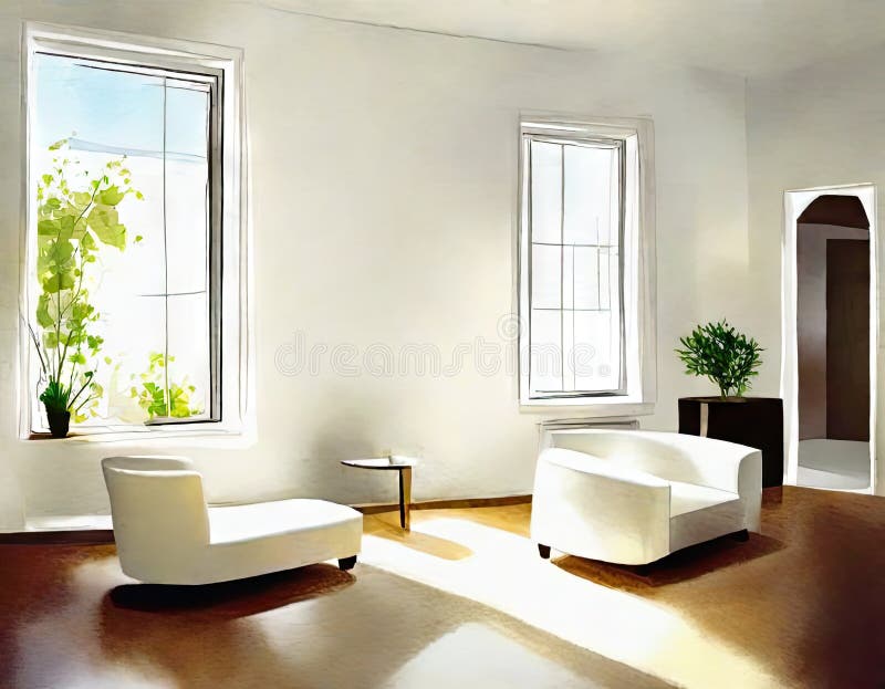 Watercolor of Bright White Living Room Boasting a Calm AI Stock ...
