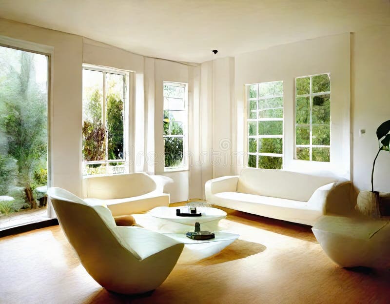 Watercolor of Bright White Living Room Boasting a Calm AI Stock ...