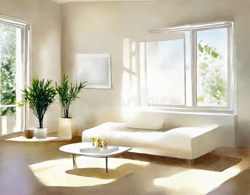 Watercolor of Bright White Living Room Boasting a Calm AI Stock ...