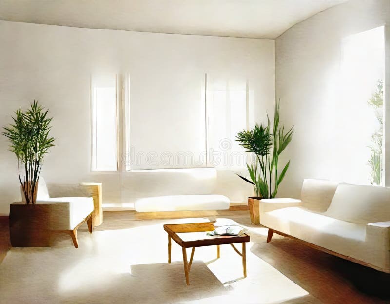 Watercolor of Bright White Living Room Boasting a Calm AI Stock ...
