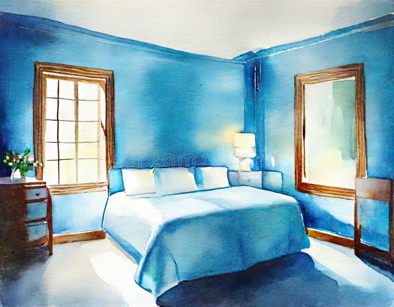 Watercolor of Brightly Lit Blue Bedroom Interior with Complementing AI ...