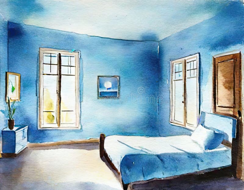 Watercolor of Brightly Lit Blue Bedroom Interior with Complementing AI ...