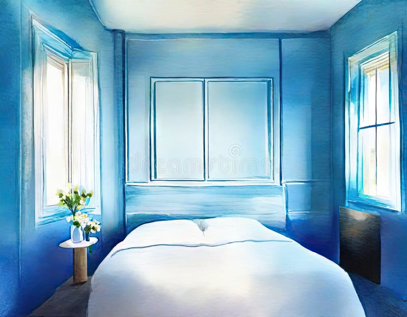 Watercolor of Brightly Lit Blue Bedroom Interior with Complementing AI ...
