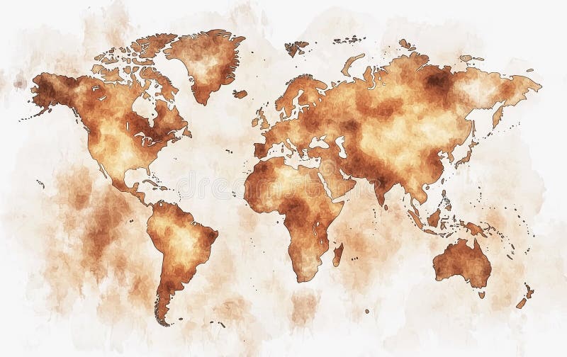 Watercolor Brown and Beige World Map Stock Illustration - Illustration ...