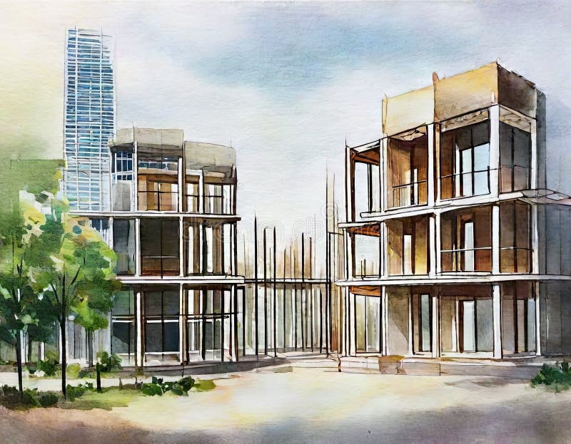 Watercolor of a Building Construction Project for the Stock ...