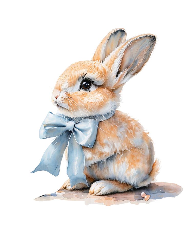Watercolor Bunny Rabbit with Blue Coquette Bow Stock Illustration ...