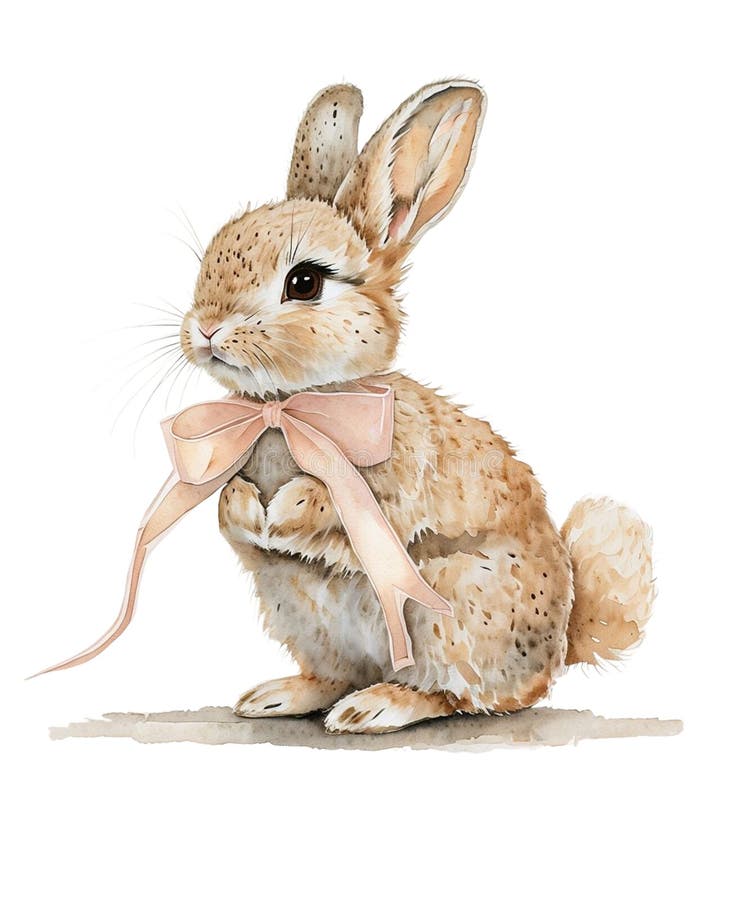 Watercolor Bunny Rabbit with Pink Coquette Bow Stock Illustration ...