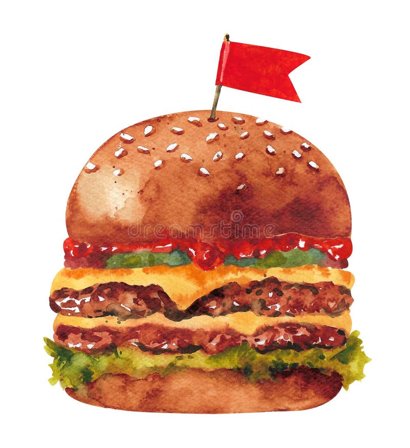 Watercolor Burger Classic American Cheeseburger Stock Illustration