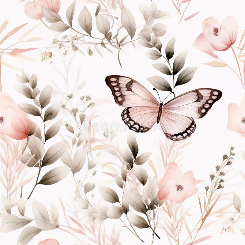 Watercolor Butterfly, Flower and Leaves Seamless Pattern. Beautiful ...