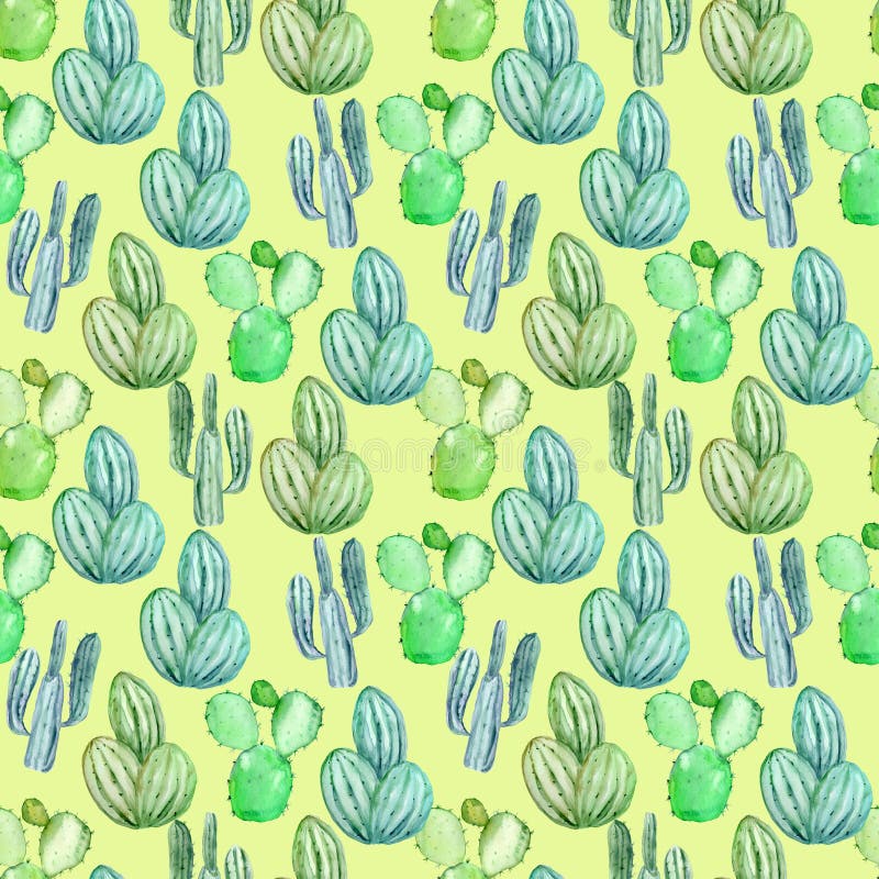 Watercolor Cactus Seamless Pattern Background. Artwork Hand-drawn ...