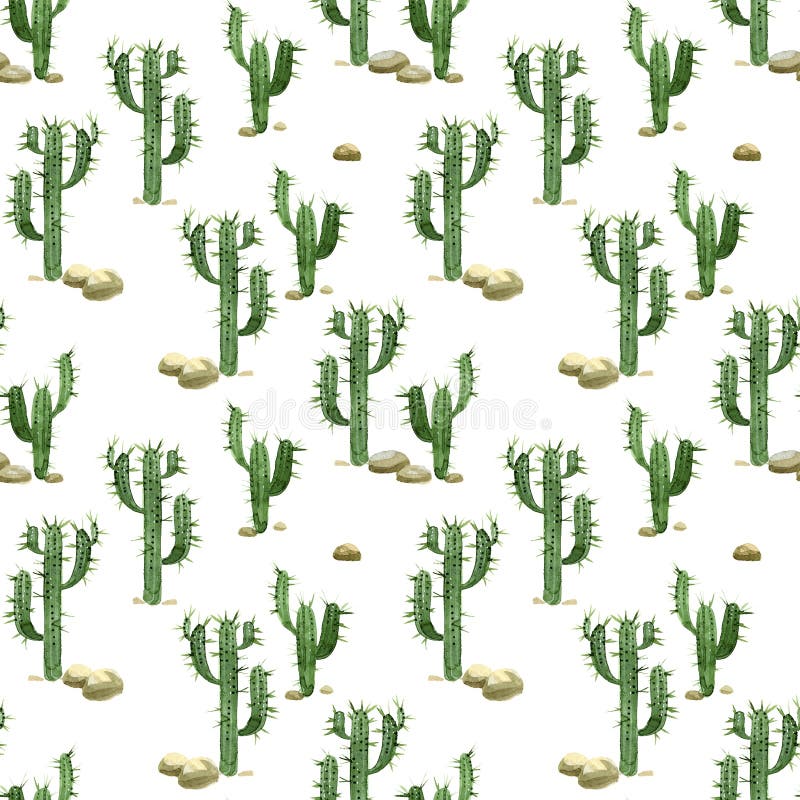 Watercolor Cactus Seamless Pattern. Stock Illustration - Illustration ...