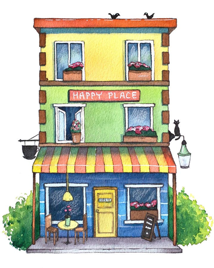 Watercolor Cafe stock illustration. Illustration of cartoon - 84762277