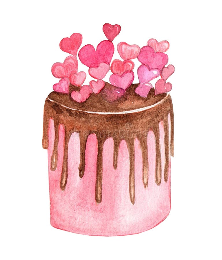 Watercolor Cake with Hearts Stock Illustration - Illustration of ...