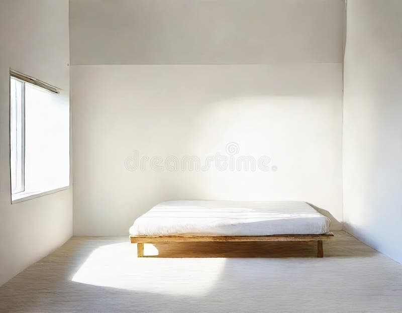 Watercolor of a Calm Bedroom with a Platform White Simple Wooden ...