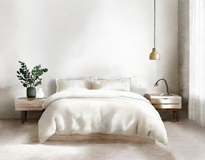 Watercolor of a Calming Bedroom with Basic Decor Featuring a Cozy Bed and Stock Illustration ...