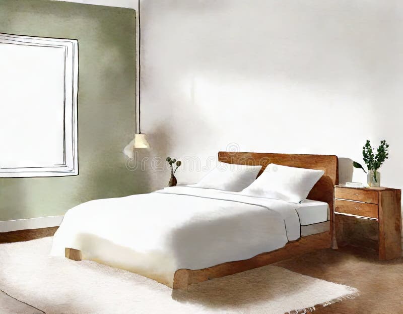 Watercolor of a Calming Bedroom with Basic Decor Featuring a Cozy Bed ...