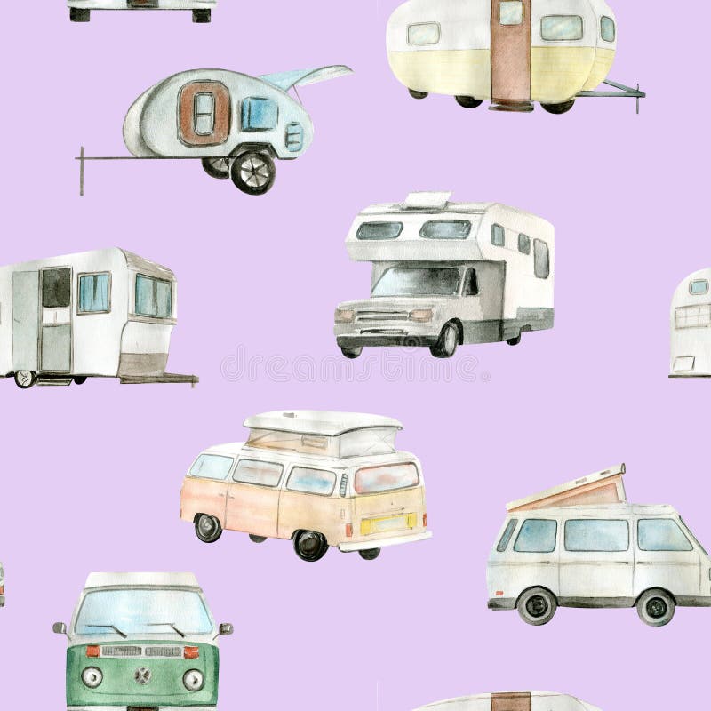 Watercolor Camper Van, Car Seamless Pattern. Hand Painted Illustration ...