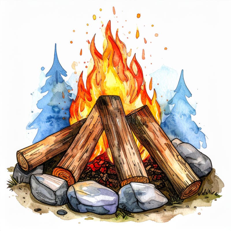 Watercolor Campfire Illustration with Burning Logs Stock Illustration ...