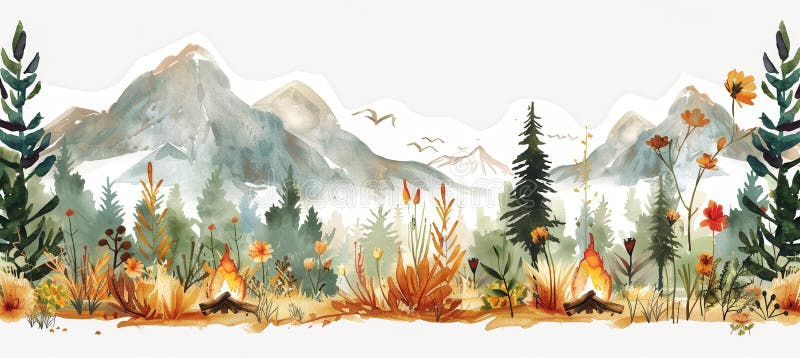 Watercolor Camping Border with Mountains and Nature Elements for Design ...