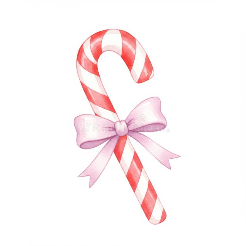 Watercolor Candy Cane with Pink Bow Stock Illustration - Illustration ...