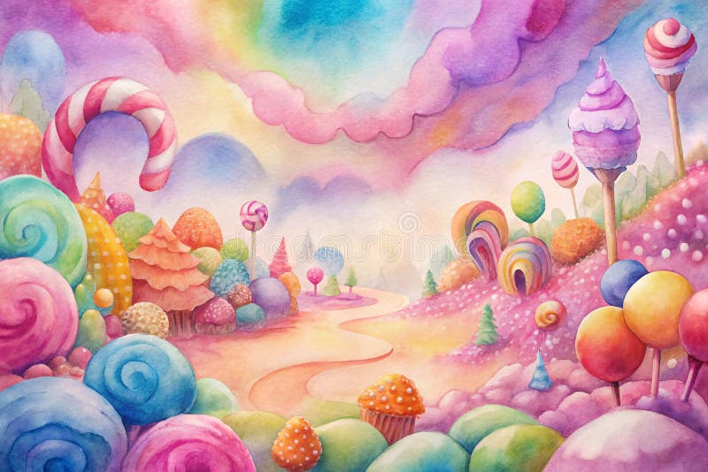 Watercolor Candy Land Landscape with Whimsical Path Stock Illustration ...