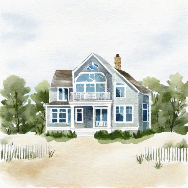 Watercolor of Cape Cod House Exterior with View of the Beach and Waves ...