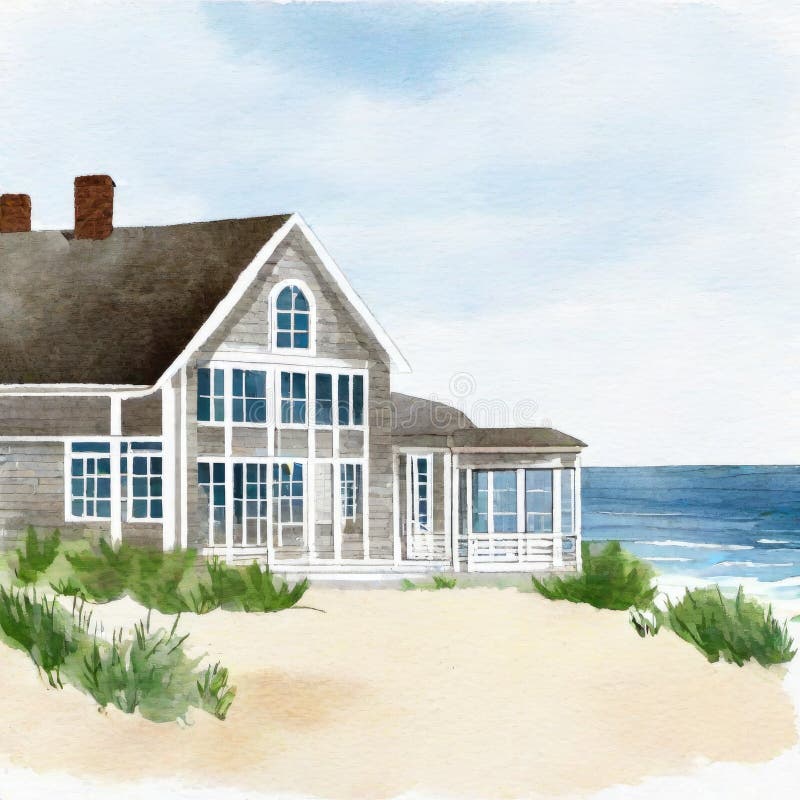 Watercolor of Cape Cod House Exterior with View of the Beach and Waves ...