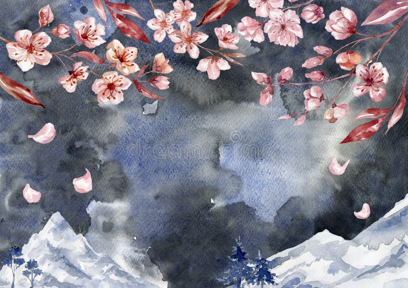 Watercolor Card with Sakura, Cherry Branches. Stock Image - Image of ...