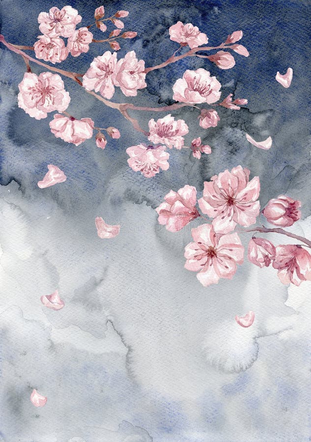 Watercolor Card with Sakura, Cherry Branches. Stock Photo - Image of ...