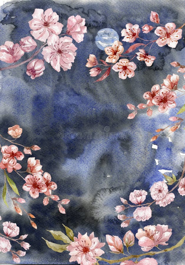 Watercolor Card with Sakura, Cherry Branches. Stock Image - Image of ...