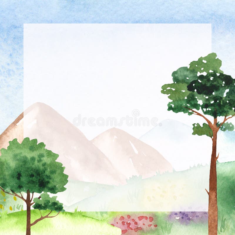 Watercolor Card Template Frame with Mountain Spring Landscape Stock ...