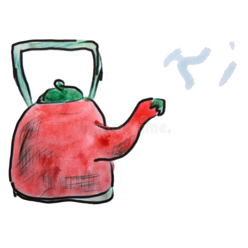 Watercolor Cartoon Drawing Red Kettle Isolated on Stock Illustration ...
