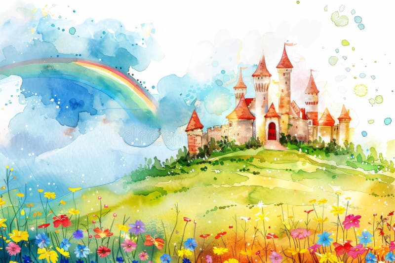 Watercolor Castle Landscape Stock Illustration - Illustration of ...