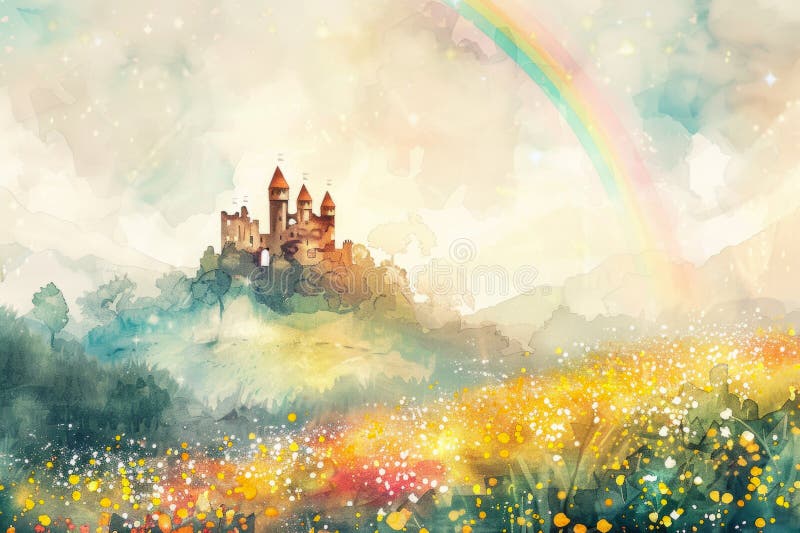 Watercolor Castle Landscape Stock Illustration - Illustration of ...