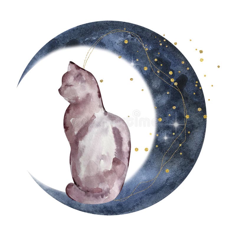 Watercolor cat with moon stock vector. Illustration of birthday - 297492579