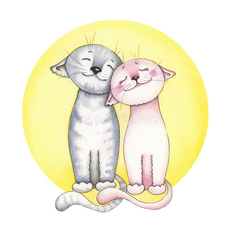 Watercolor Cats on the Background of the Big Moon. Stock Illustration ...