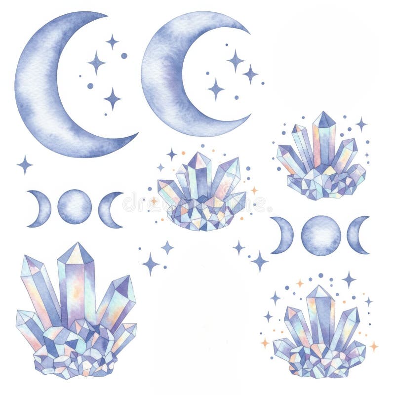 Watercolor Celestial Crystals and Moons Stock Illustration ...