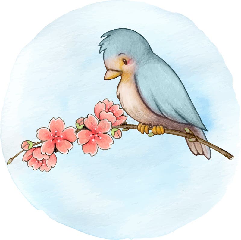 Watercolor Cherry Branch and Cute Bird Stock Vector - Illustration of ...