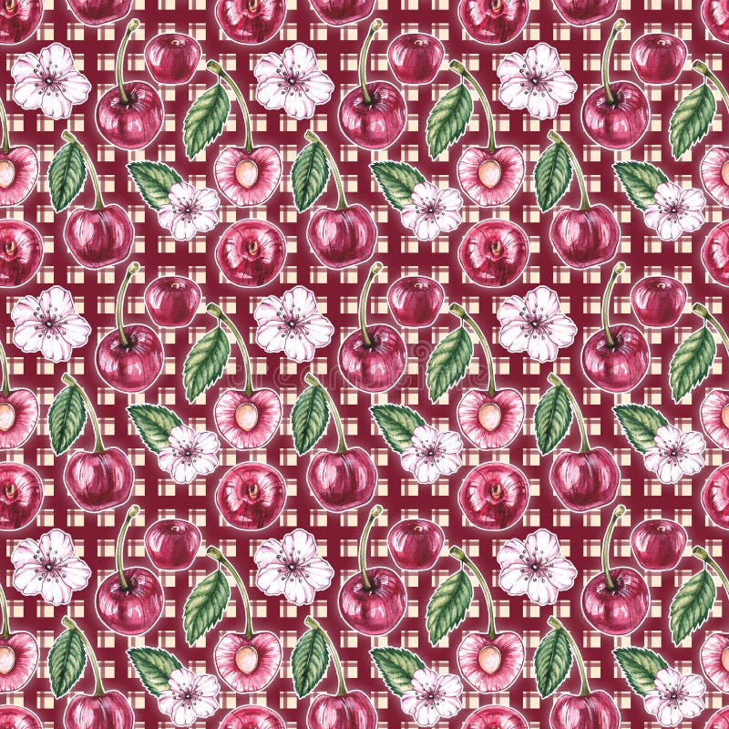 Watercolor cherry pattern stock illustration. Illustration of spring ...