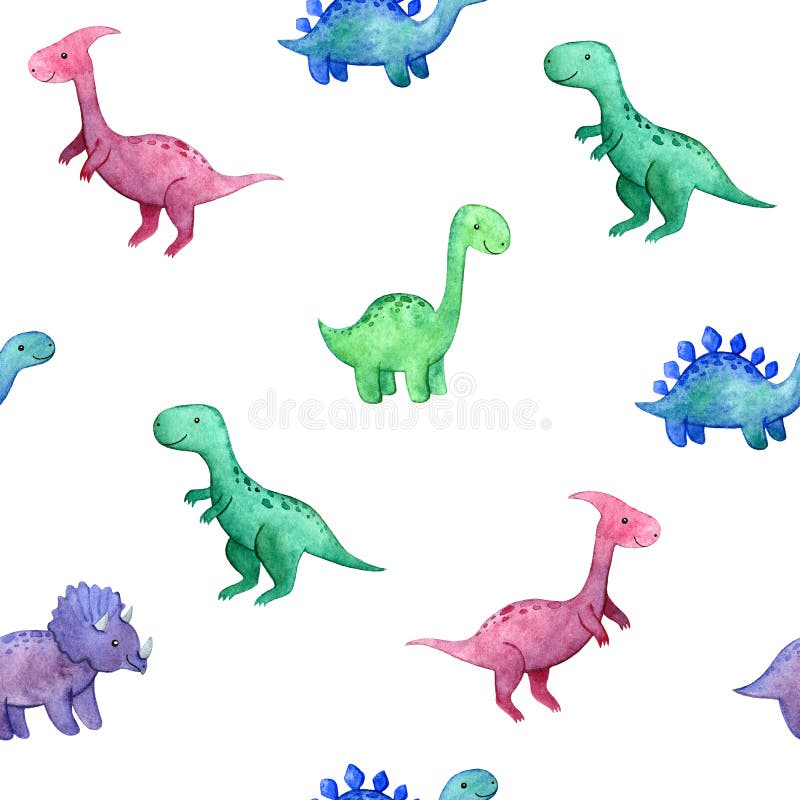 Watercolor Childish Seamless Pattern with Blue, Green Dinosaurs and Plants Stock Illustration ...