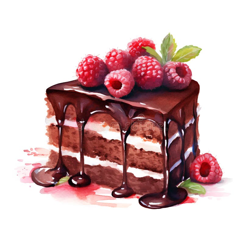 Watercolor Chocolate Cake with Raspberries. Hand Drawn Illustration ...