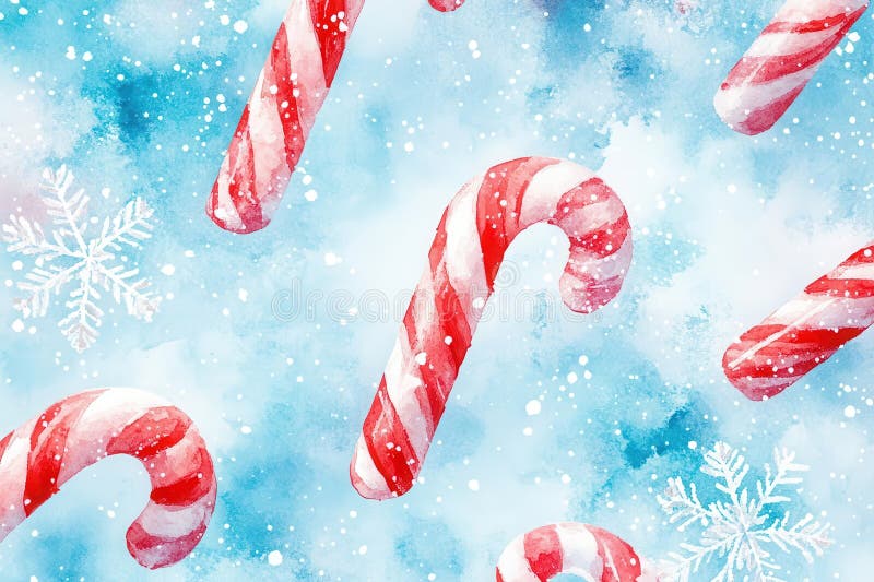 Watercolor Christmas Candy Canes Pattern on Blue Background Stock ...